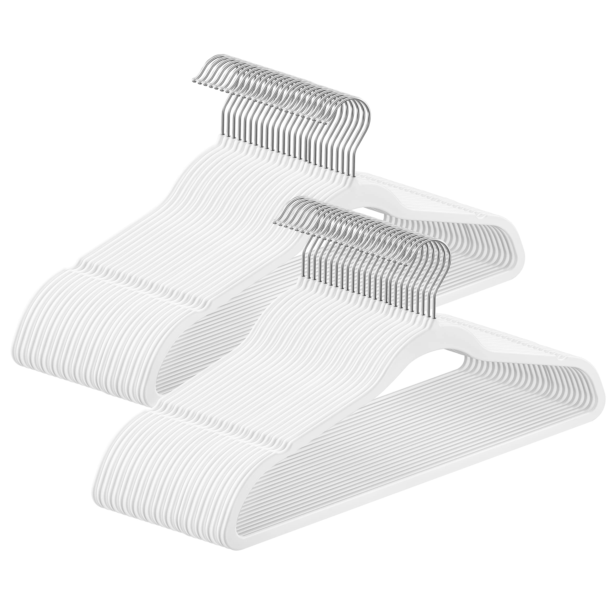 SONGMICS Rubber-Coated Plastic Hangers, 50 Pack Non-Slip Coat Hangers, Space-Saving Slim Clothes Hangers, 360 Degree Swivel Hooks, Shoulder Notches, White UCRP008W05