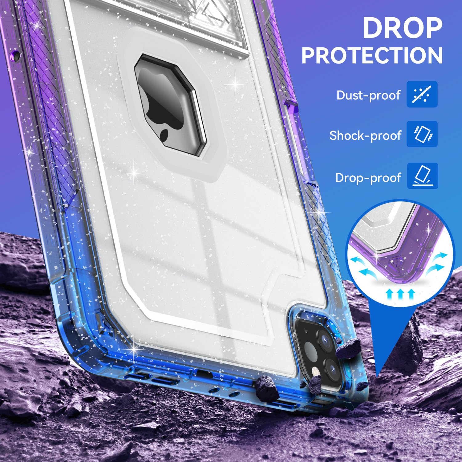 ZoneFoker for iPad Pro 12.9 Case 6th/5th/4th/3rd Generation 2022/2021/2020/2018, 12.9 Inch iPad Pro Case Cover with Pencil Holder, Sturdy Lightweight with Kickstand for Kids Girls, Blue Purple