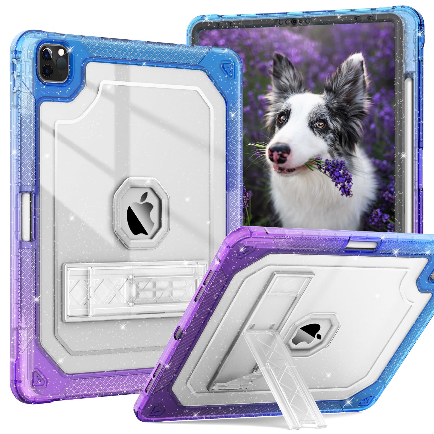 ZoneFoker for iPad Pro 12.9 Case 6th/5th/4th/3rd Generation 2022/2021/2020/2018, 12.9 Inch iPad Pro Case Cover with Pencil Holder, Sturdy Lightweight with Kickstand for Kids Girls, Blue Purple
