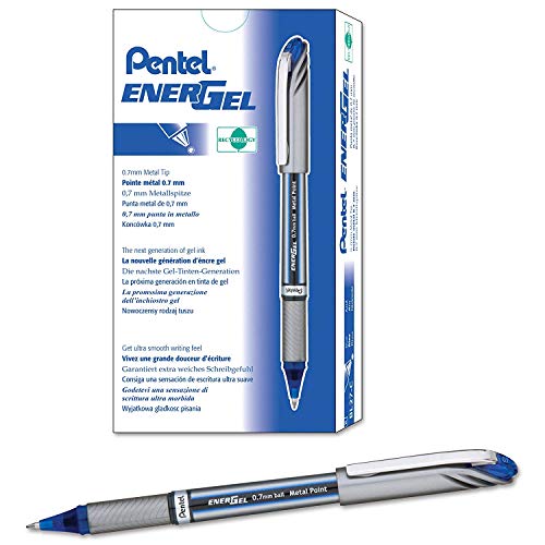 Pentel EnerGel NV Gel Ink Pen, (0.7mm), Medium Point Capped, Metal Tip, Blue Ink, Box of 12 (BL27-C)