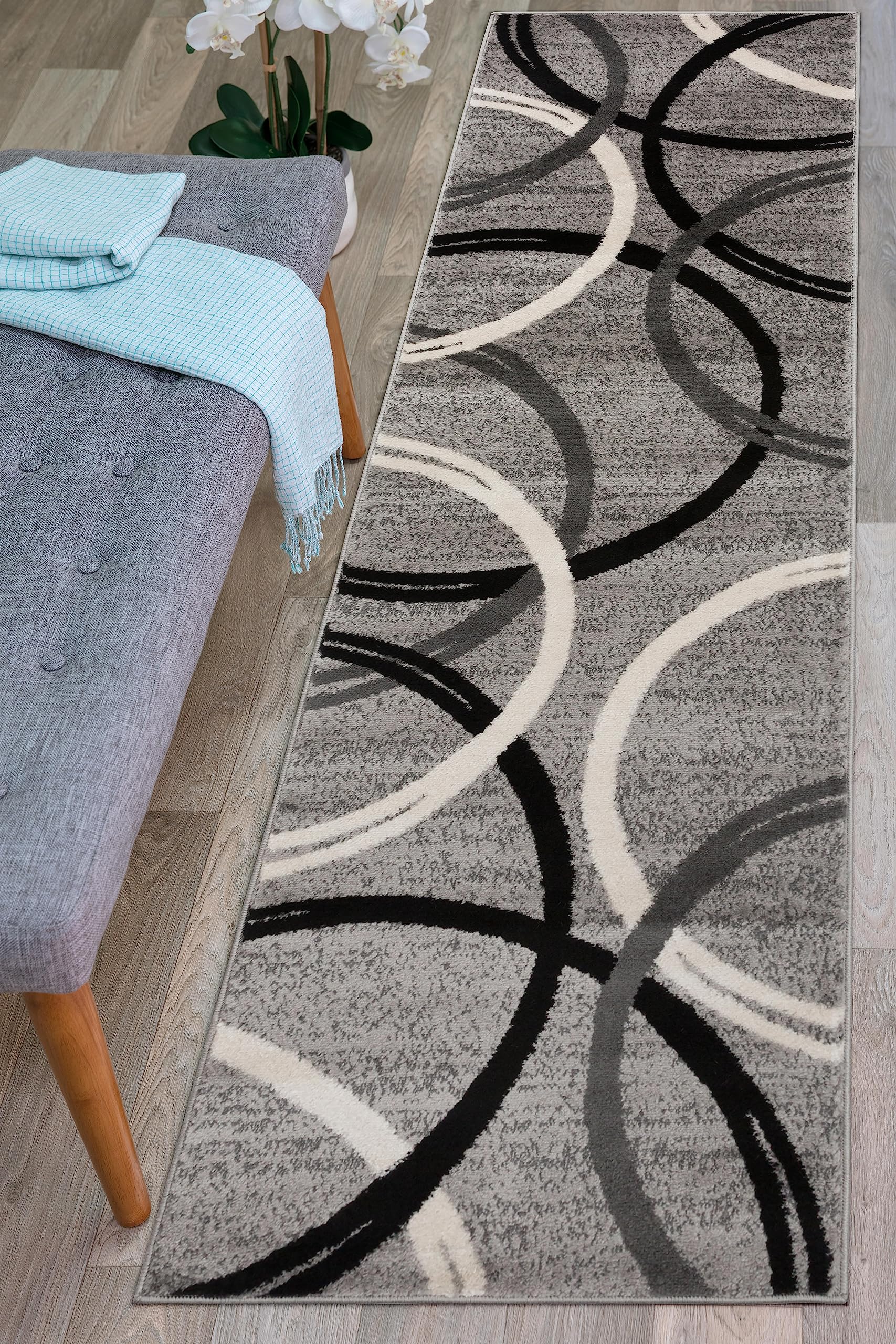 Rugshop Modern Wavy Circles Design Runner Rug 2' x 10' Gray