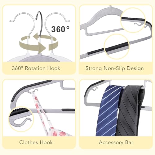 Non Slip Hangers 20 Pack, Clothes Plastic Hangers, Thin Hangers Plastic, Hangers Non Slip, Heavy Duty Hangers, 360° Swivel Space Saving Hangers with Clothes Hooks for Shirts, Pants, Dress (Grey)