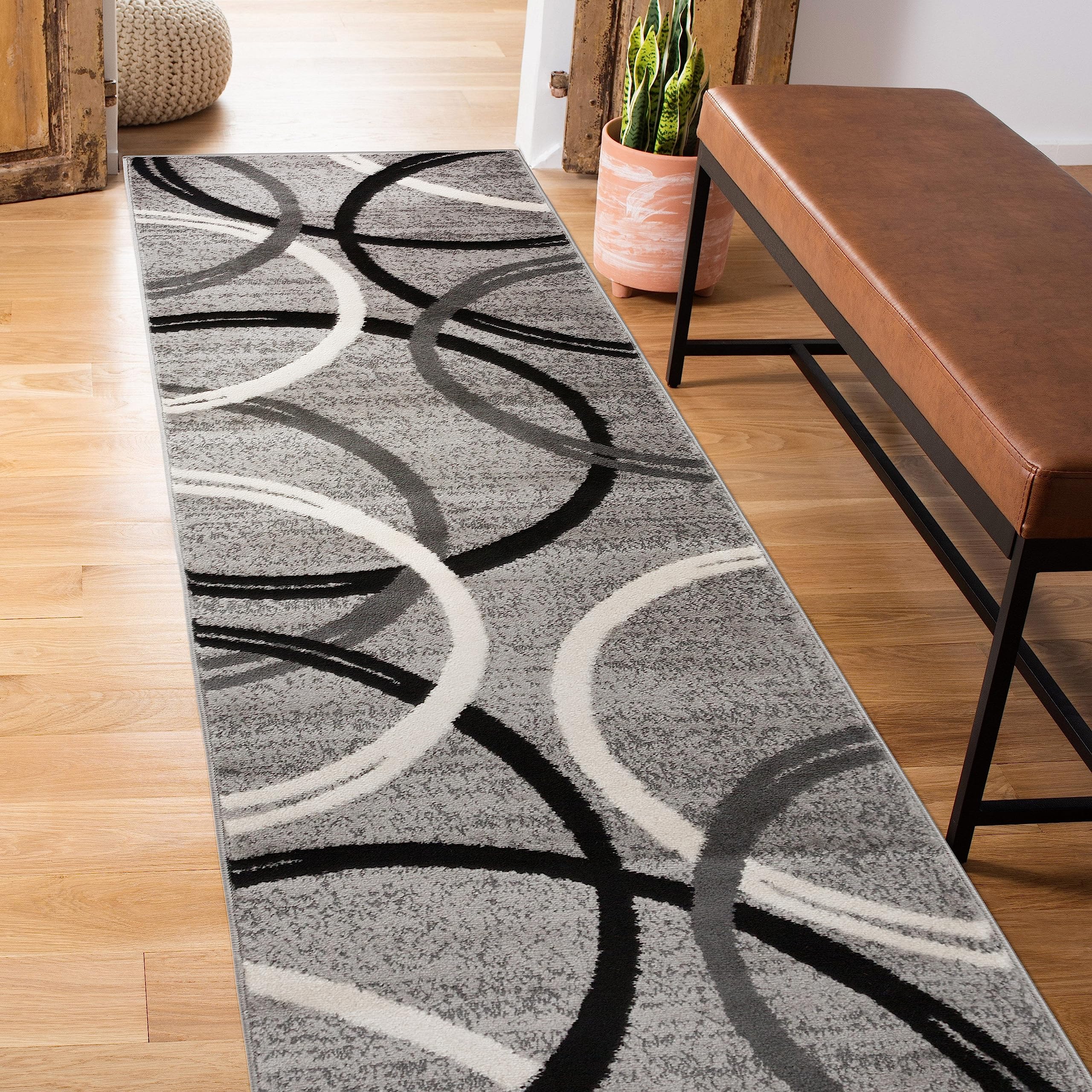 Rugshop Modern Wavy Circles Design Runner Rug 2' x 10' Gray
