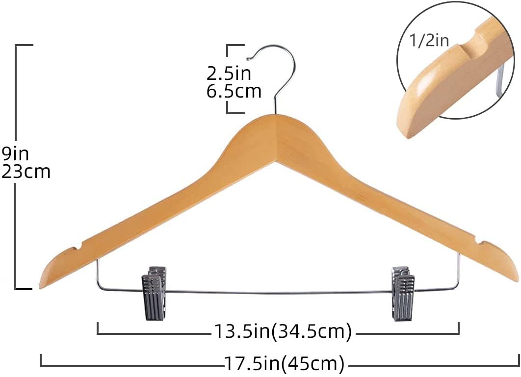 10 Pack Wooden Hangers with Clips Suit/Jacket/Skirt/Coat/Dress/Blouse (Natural)