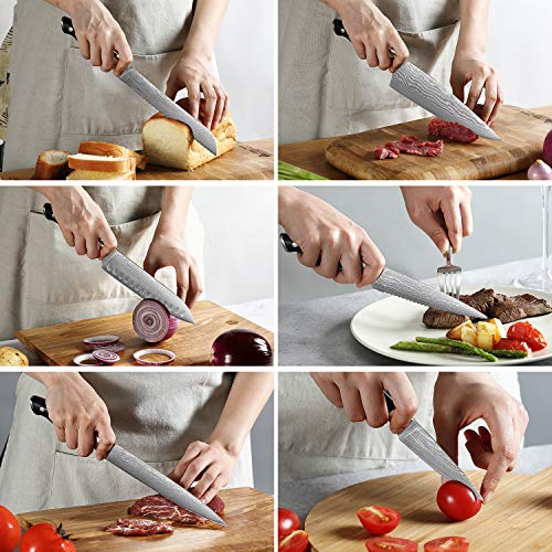 NANFANG BROTHERS Knife Set, 9-Piece Damascus Kitchen Knife Set with Block, ABS Ergonomic Handle for Chef Knife Set, Knife Sharpener and Kitchen Shears, Knife Block Set