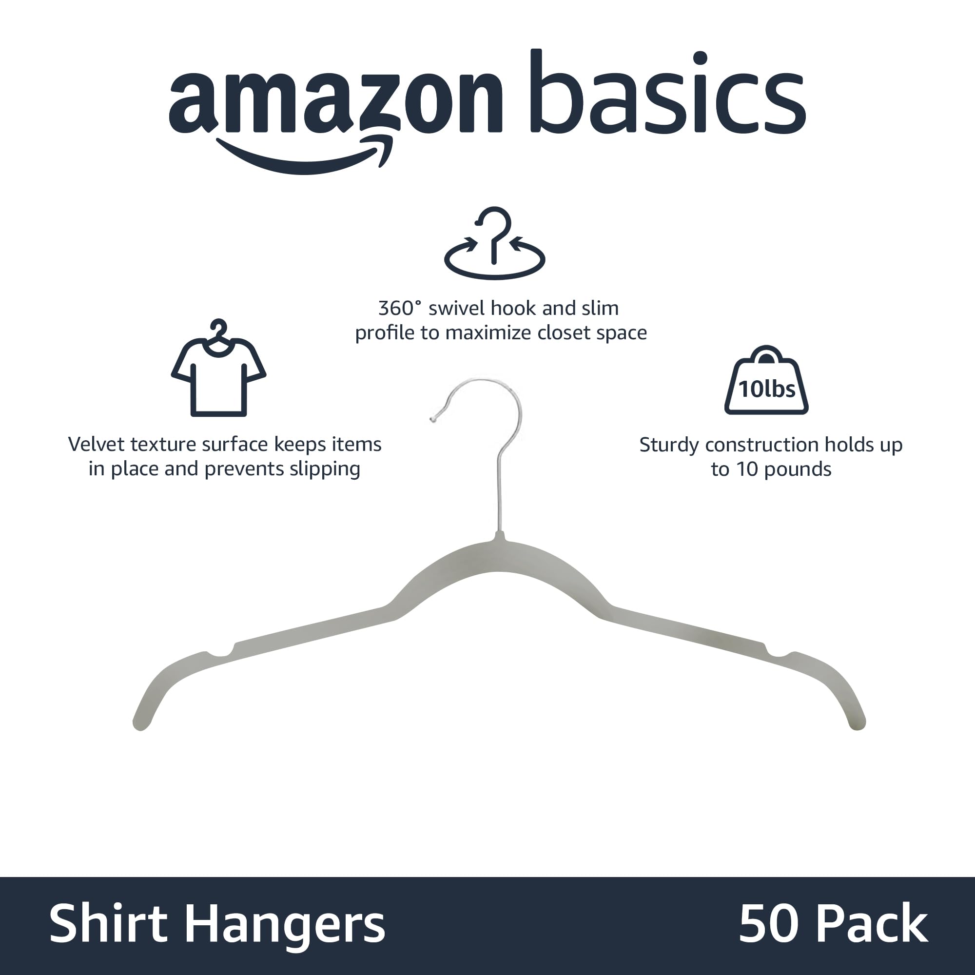 Amazon Basics Slim, Velvet, Non-Slip Shirt Clothes Hangers, Gray/Silver - Pack of 50