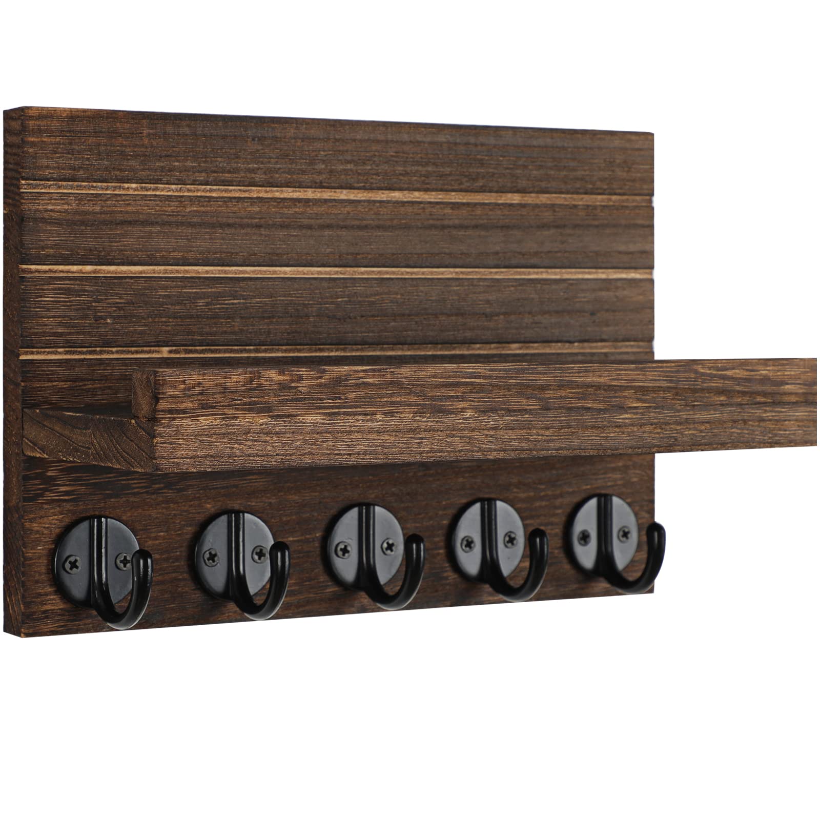 Lwenki Key Holder for Wall, Decorative Key and Mail Holder with Shelf Has Large Key Hooks for Bags, Coats – Paulownia Wood Key Hanger with Mounting Hardware (9.8”W x 6.7”H x 4.2”D) (Brown)