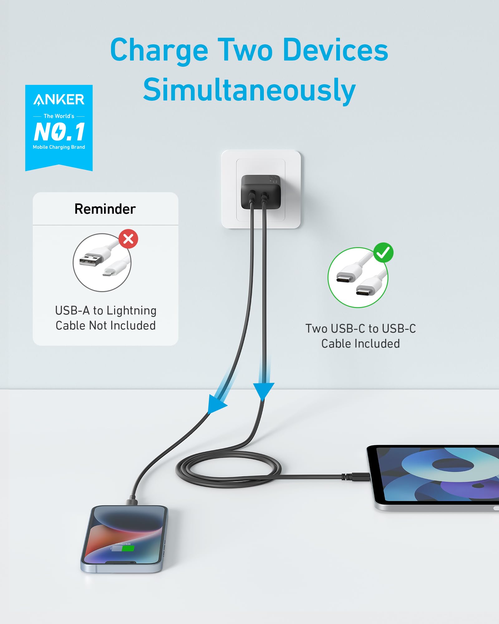 Anker iPhone 16 Charger, USB C Charger, 2-Pack 20W Dual Port USB C Charger Block for iPhone 16 / 15 / 14 and More (2-Pack 5 ft USB C Cable Included)