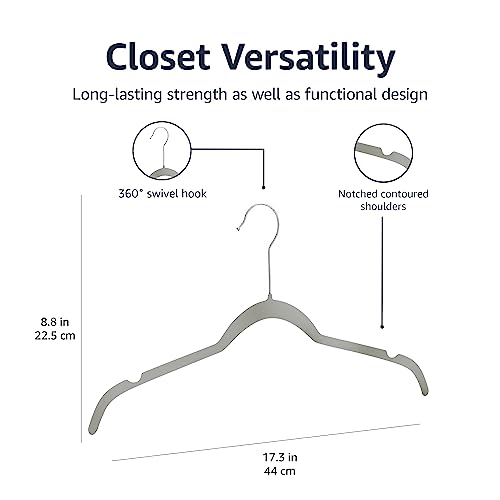 Amazon Basics Slim, Velvet, Non-Slip Shirt Clothes Hangers, Gray/Silver - Pack of 50