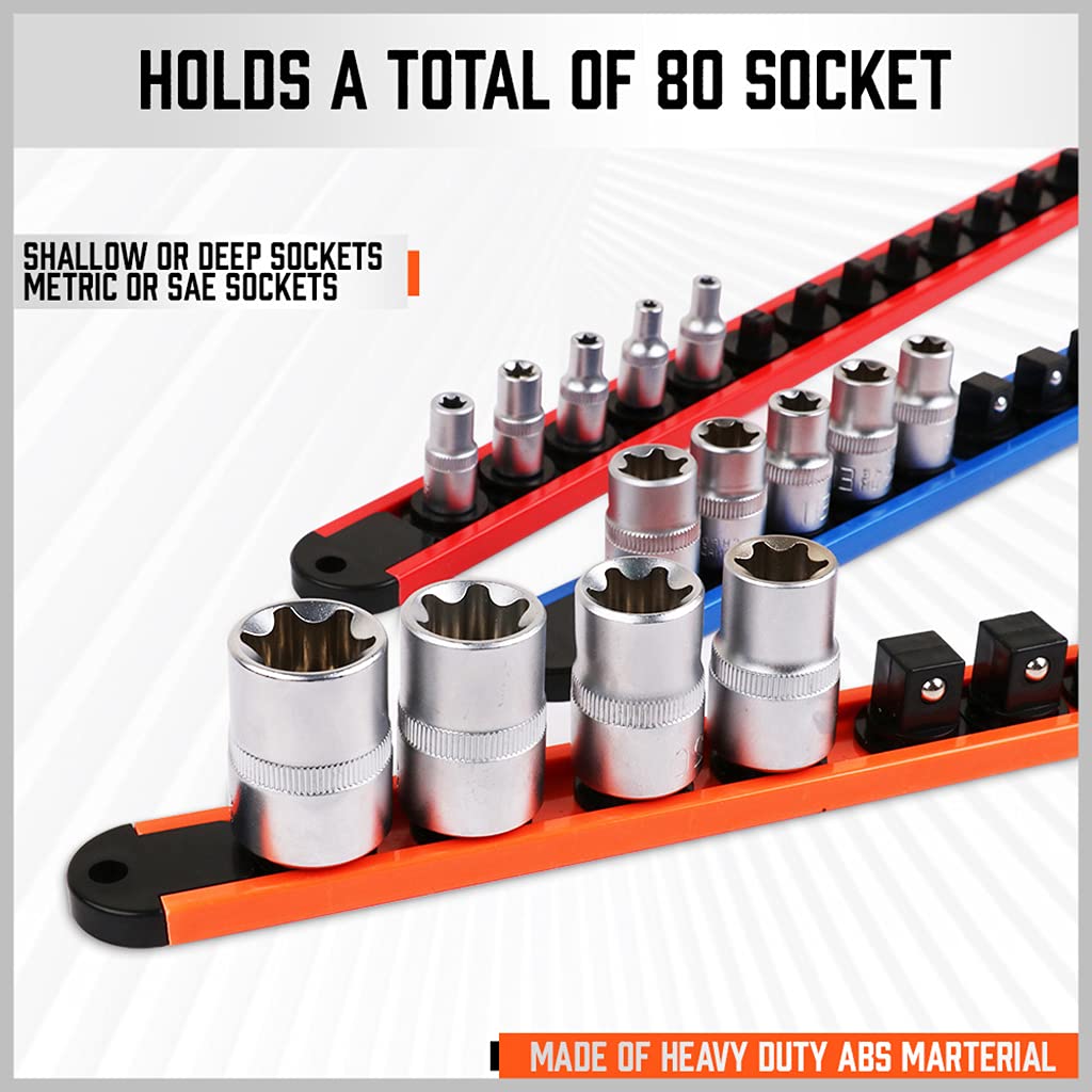 6-Pieces Practical Socket Organizer 1/4-Inch 3/8-Inch 1/2-Inch Socket Holders Red And Blue Magnetic Socket Organizers For Toolboxes
