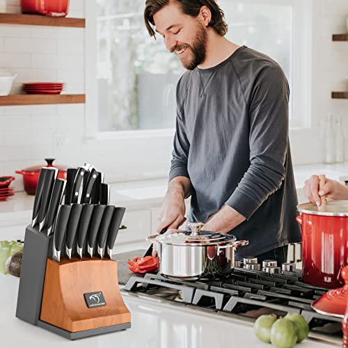 NANFANG BROTHERS Knife Set, 15-Piece Damascus Kitchen Knife Set with Block, ABS Ergonomic Handle for Chef Knife Set, Knife Sharpener and Kitchen Shears, Knife Block Set