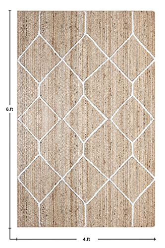 Casavani Indian Handmade Natural Fiber Rug Geometric Beige & White 3x5 Ft Rectangular Shape Jute Rug Best Uses For Bedroom,Dining Room & Loundry Room 11x11 Feet Square