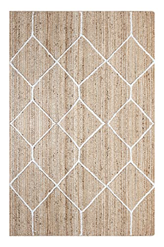 Casavani Indian Handmade Natural Fiber Rug Geometric Beige & White 3x5 Ft Rectangular Shape Jute Rug Best Uses For Bedroom,Dining Room & Loundry Room 11x11 Feet Square