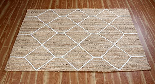 Casavani Indian Handmade Natural Fiber Rug Geometric Beige & White 3x5 Ft Rectangular Shape Jute Rug Best Uses For Bedroom,Dining Room & Loundry Room 11x11 Feet Square