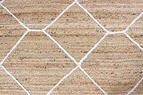 Casavani Indian Handmade Natural Fiber Rug Geometric Beige & White 3x5 Ft Rectangular Shape Jute Rug Best Uses For Bedroom,Dining Room & Loundry Room 11x11 Feet Square