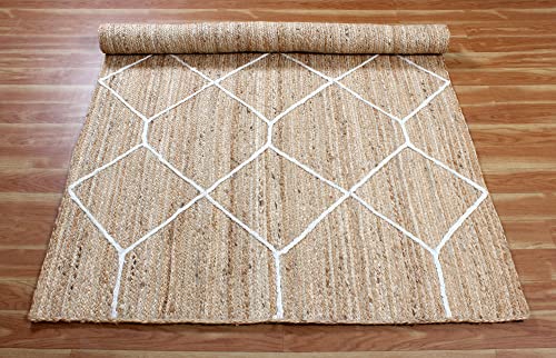 Casavani Indian Handmade Natural Fiber Rug Geometric Beige & White 3x5 Ft Rectangular Shape Jute Rug Best Uses For Bedroom,Dining Room & Loundry Room 11x11 Feet Square