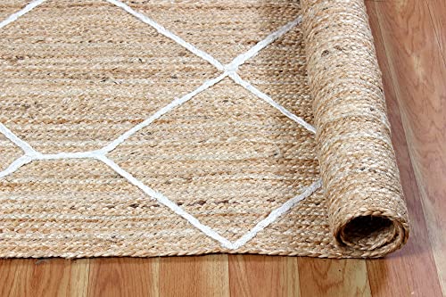 Casavani Indian Handmade Natural Fiber Rug Geometric Beige & White 3x5 Ft Rectangular Shape Jute Rug Best Uses For Bedroom,Dining Room & Loundry Room 11x11 Feet Square