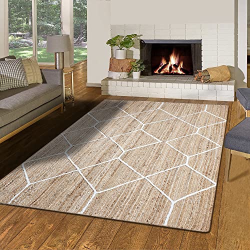 Casavani Indian Handmade Natural Fiber Rug Geometric Beige & White 3x5 Ft Rectangular Shape Jute Rug Best Uses For Bedroom,Dining Room & Loundry Room 11x11 Feet Square