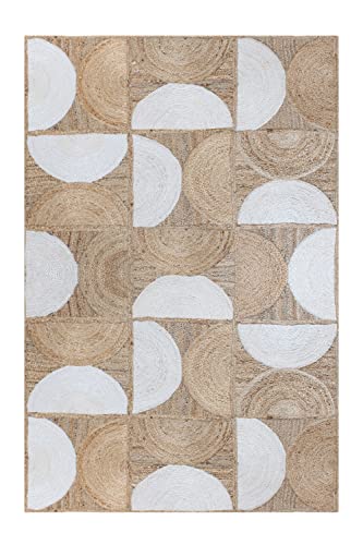 Casavani Indian Hand Braided Rag Rug Geometric Beige & White 3x5 Ft Rectangular Shape Jute Rug Home/Office Doormat Rugs For Bedroom,Dining Room & Kitchen 11x11 Feet Square