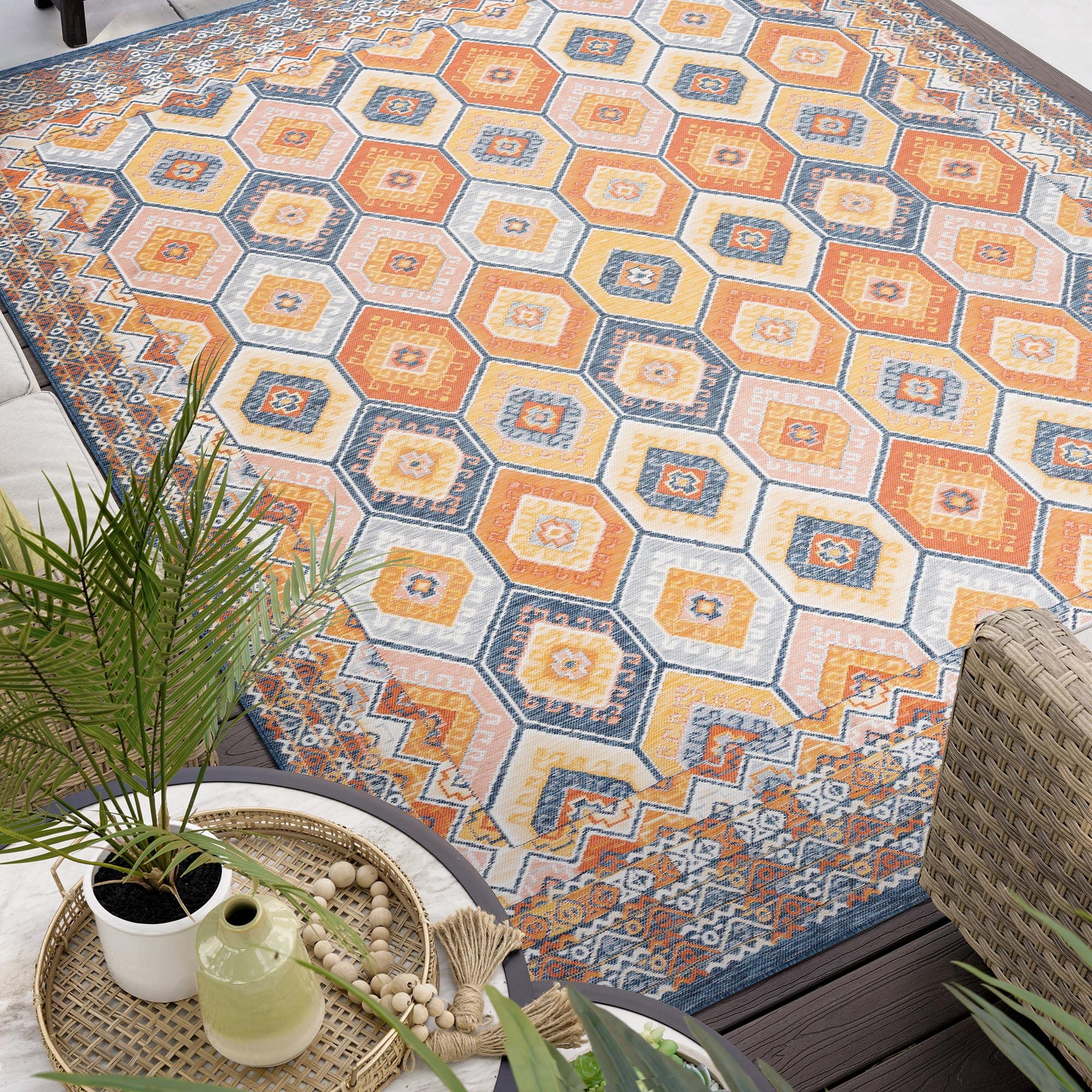 Double Sided, Water Resistant Indoor Outdoor Rug 8x10 | Outdoor Rugs for Patio, Deck, Porch, Entryway | Fade Resistant Outside Area Rug | 7'11'' x 10'3'' Multi-Color | Floral, Tropical or Geometric