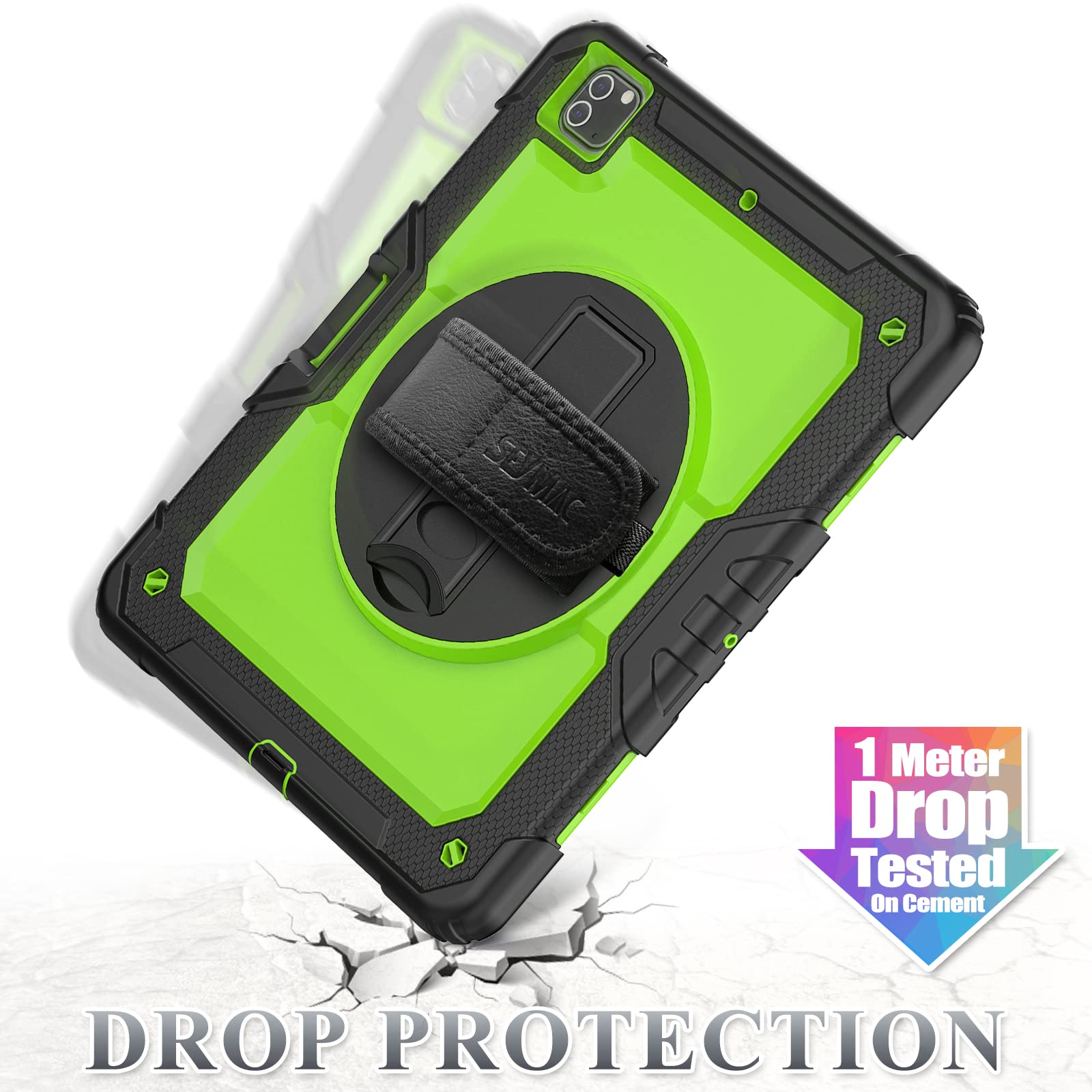 SEYMAC stock Case for iPad Pro 12.9'' 2022/2021/2020/2018 with Screen Protector 360 Rotating Stand Hand Strap, Drop-Proof Case for iPad Pro 12.9''(6th/5th/4th/3rd Generation), Green/Black