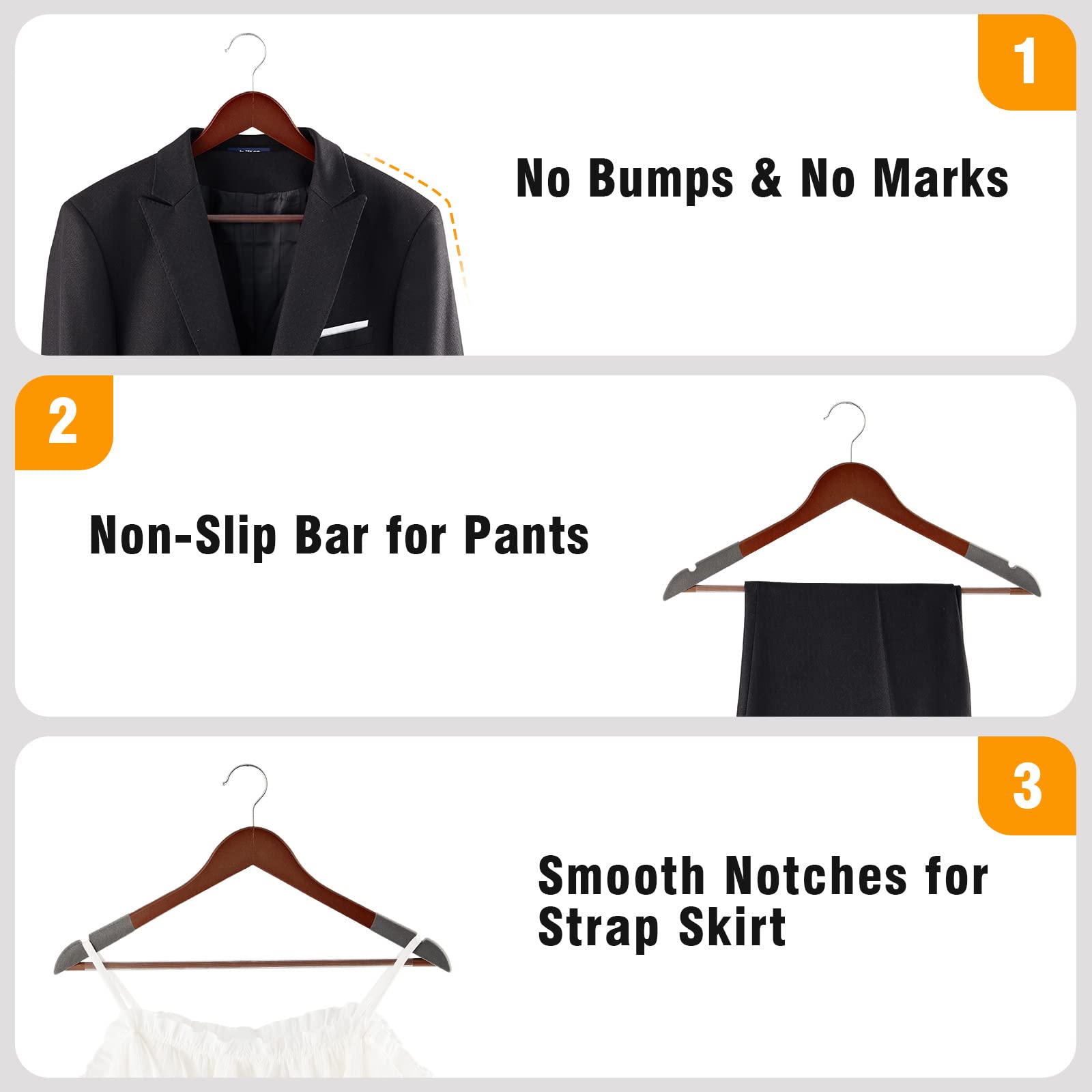 TECHMILLY Solid Natural Wooden Coat Hangers, 10 Pack Heavy Duty Smooth Finish Suit Hangers with Non-Slip Pant Bar, Precisely Cut Notches & Chrome Swivel Hook for Closet, Wardrobe
