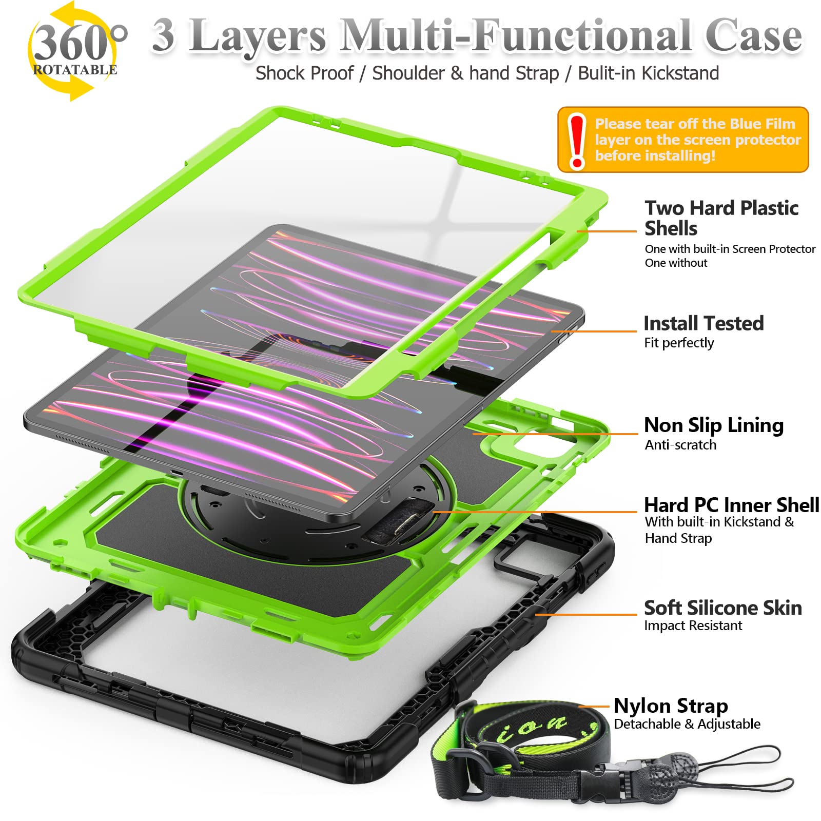 SEYMAC stock Case for iPad Pro 12.9'' 2022/2021/2020/2018 with Screen Protector 360 Rotating Stand Hand Strap, Drop-Proof Case for iPad Pro 12.9''(6th/5th/4th/3rd Generation), Green/Black