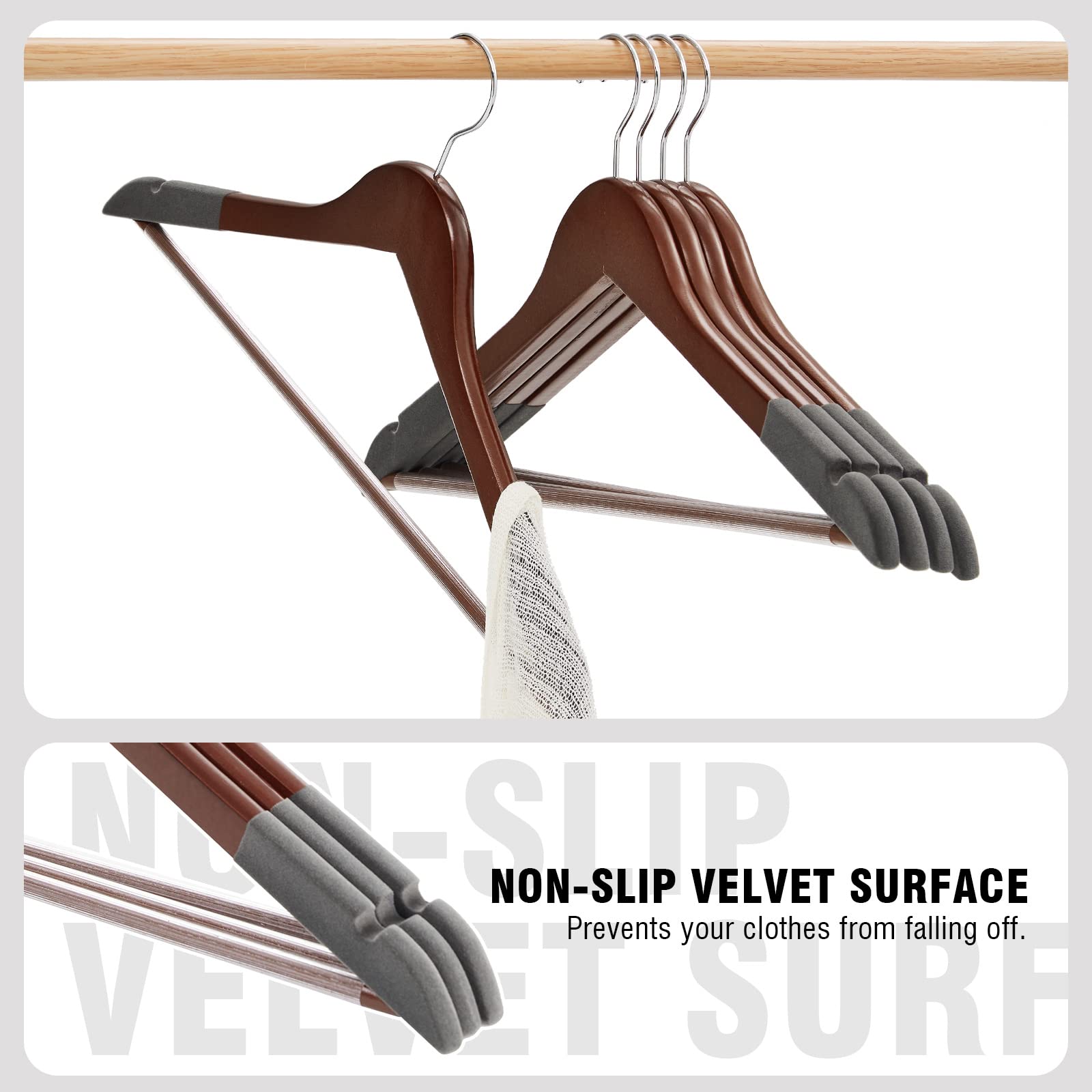 TECHMILLY Solid Natural Wooden Coat Hangers, 10 Pack Heavy Duty Smooth Finish Suit Hangers with Non-Slip Pant Bar, Precisely Cut Notches & Chrome Swivel Hook for Closet, Wardrobe