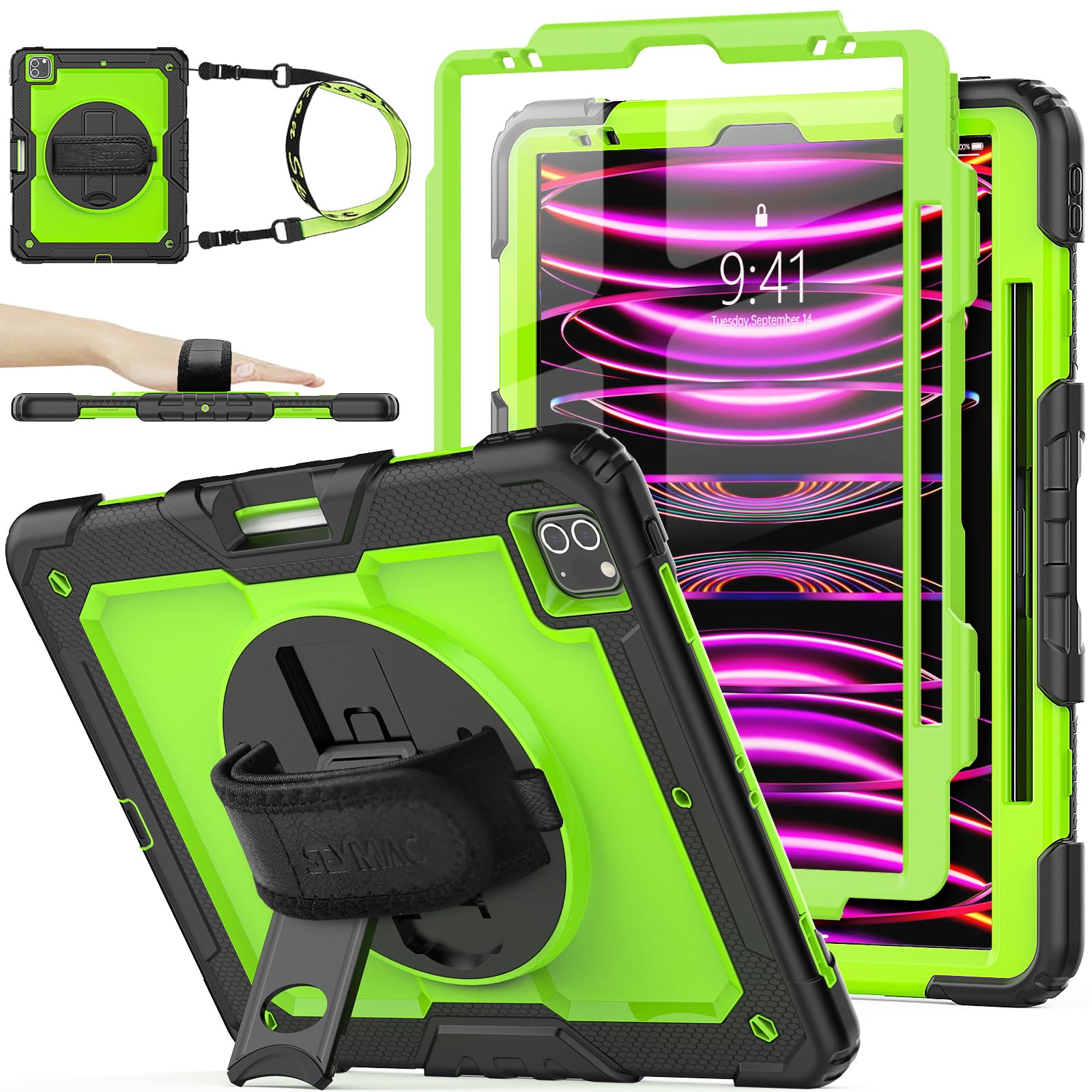SEYMAC stock Case for iPad Pro 12.9'' 2022/2021/2020/2018 with Screen Protector 360 Rotating Stand Hand Strap, Drop-Proof Case for iPad Pro 12.9''(6th/5th/4th/3rd Generation), Green/Black