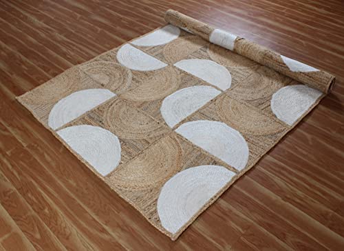 Casavani Indian Hand Braided Rag Rug Geometric Beige & White 3x5 Ft Rectangular Shape Jute Rug Home/Office Doormat Rugs For Bedroom,Dining Room & Kitchen 11x11 Feet Square