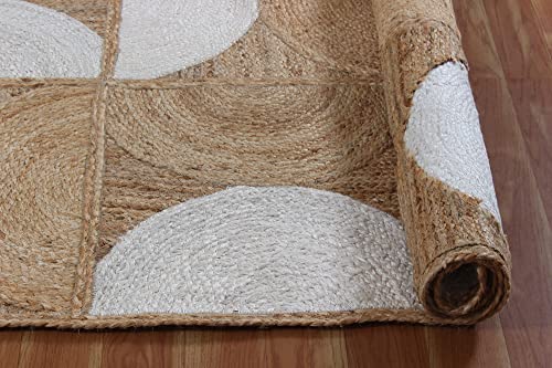 Casavani Indian Hand Braided Rag Rug Geometric Beige & White 3x5 Ft Rectangular Shape Jute Rug Home/Office Doormat Rugs For Bedroom,Dining Room & Kitchen 11x11 Feet Square