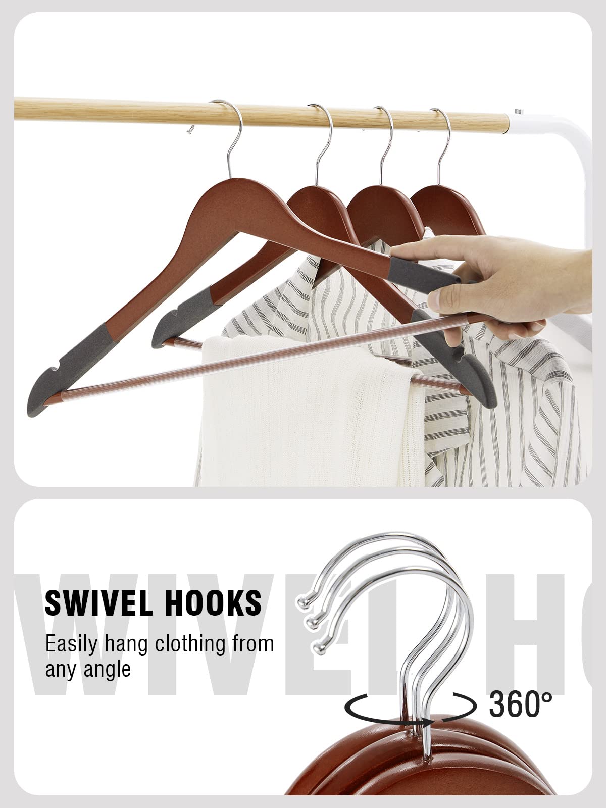 TECHMILLY Solid Natural Wooden Coat Hangers, 10 Pack Heavy Duty Smooth Finish Suit Hangers with Non-Slip Pant Bar, Precisely Cut Notches & Chrome Swivel Hook for Closet, Wardrobe