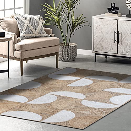 Casavani Indian Hand Braided Rag Rug Geometric Beige & White 3x5 Ft Rectangular Shape Jute Rug Home/Office Doormat Rugs For Bedroom,Dining Room & Kitchen 11x11 Feet Square