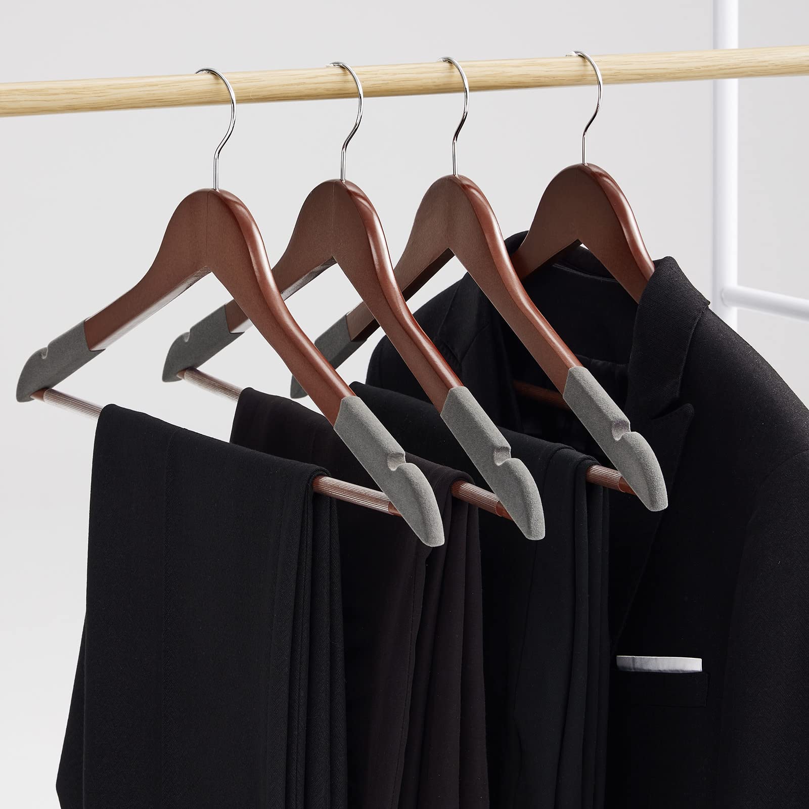 TECHMILLY Solid Natural Wooden Coat Hangers, 10 Pack Heavy Duty Smooth Finish Suit Hangers with Non-Slip Pant Bar, Precisely Cut Notches & Chrome Swivel Hook for Closet, Wardrobe