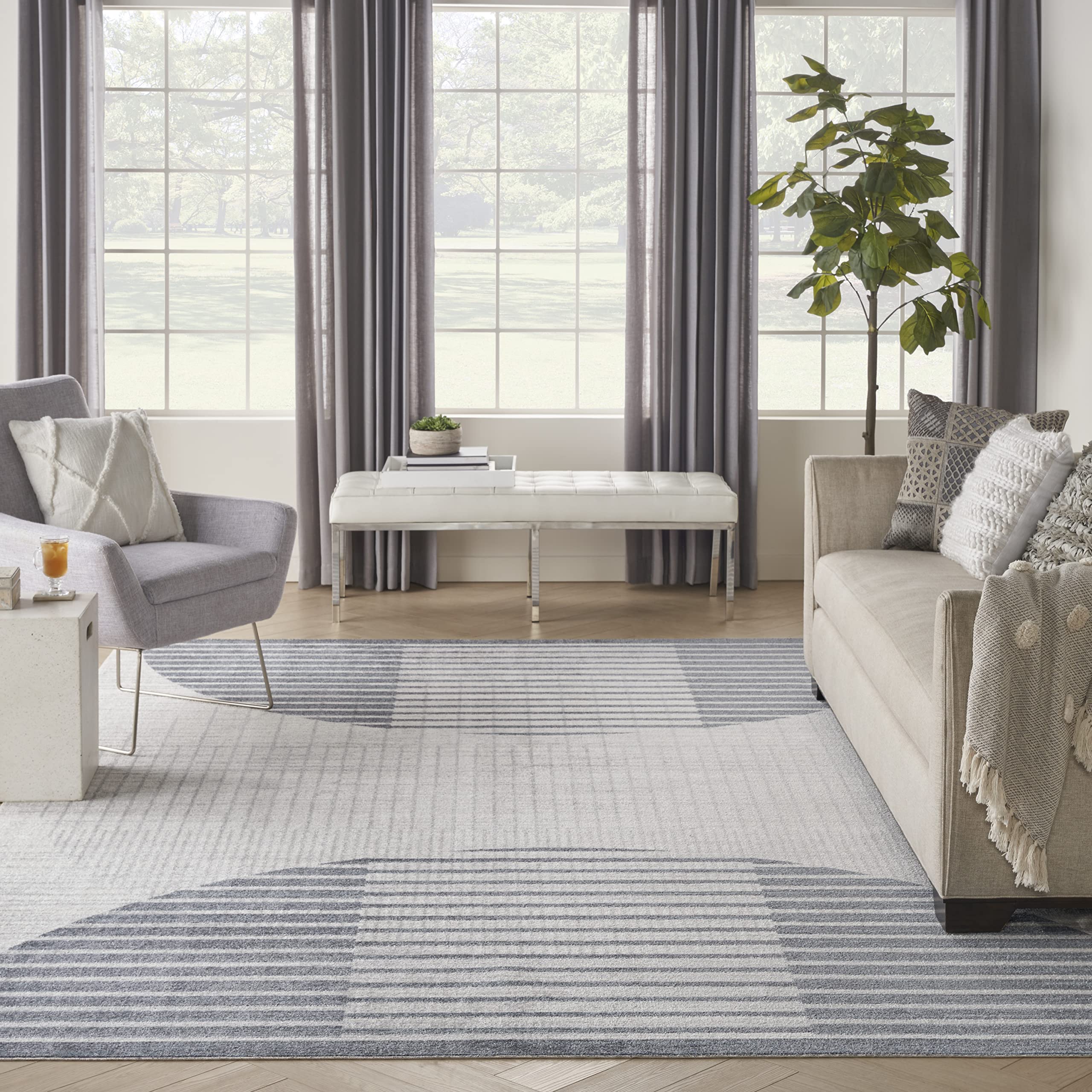 Nourison Astra Machine Washable Geometric Ivory Blue 7'10" x 10' Area -Rug, Easy -Cleaning, Non Shedding, Bed Room, Living Room, Dining Room, Kitchen (8x10)