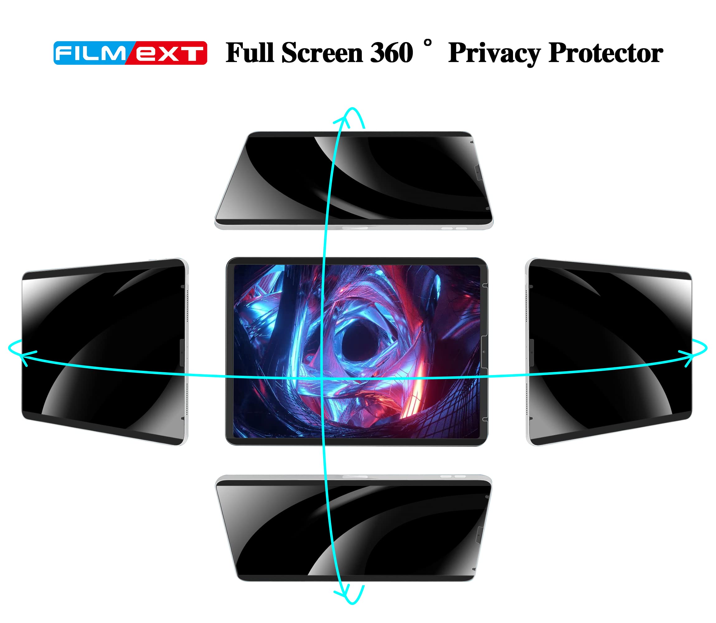 FILMEXT Magnetic 360° Privacy Screen Protector for iPad Pro 12.9 M2 M1 2021/2020/2018 (iPad Pro 12.9 6th/5th/4th/3rd Gen),Removable iPad Pro Anti Glare Anti-Spy Screen Filter[4 Way Privacy Filter]