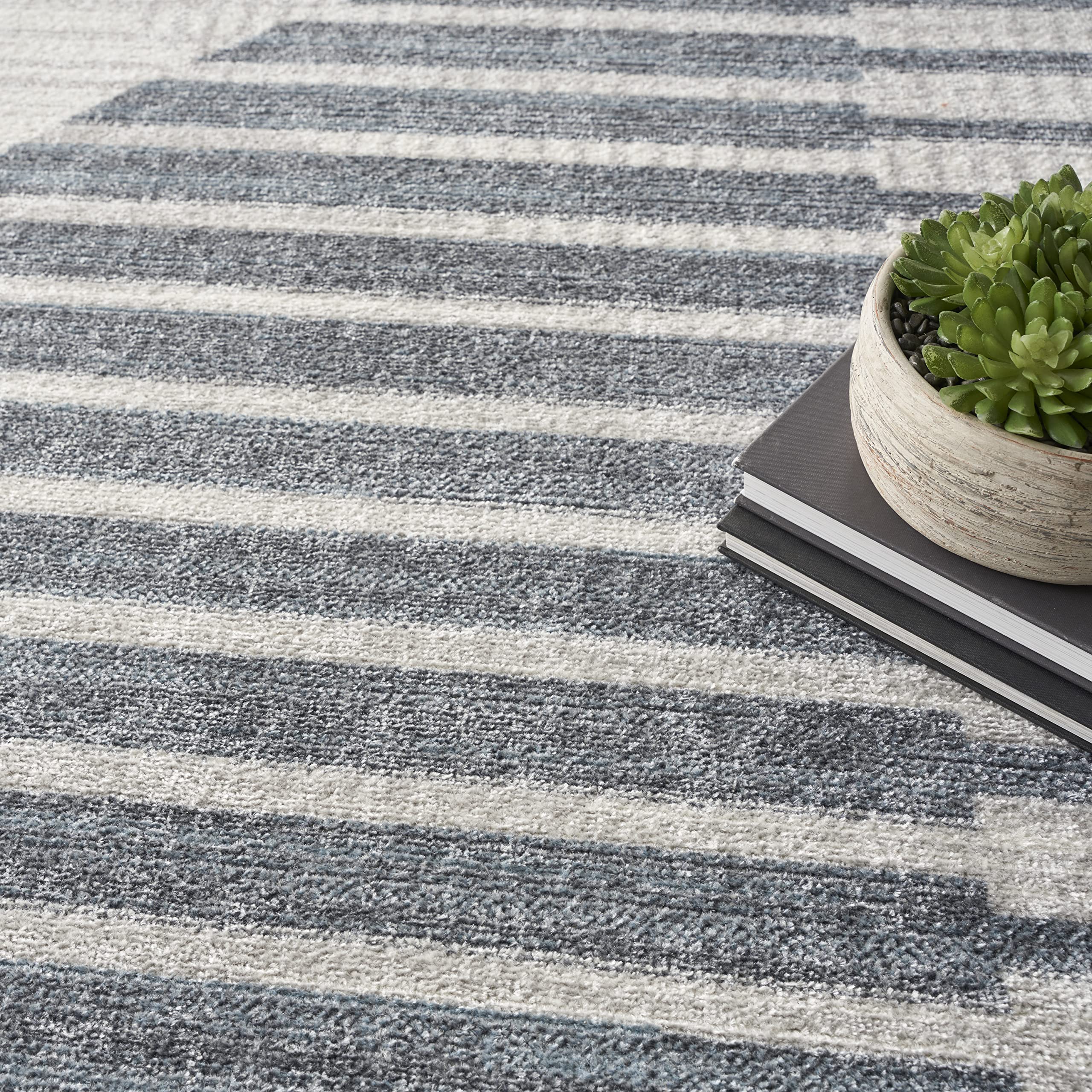 Nourison Astra Machine Washable Geometric Ivory Blue 7'10" x 10' Area -Rug, Easy -Cleaning, Non Shedding, Bed Room, Living Room, Dining Room, Kitchen (8x10)