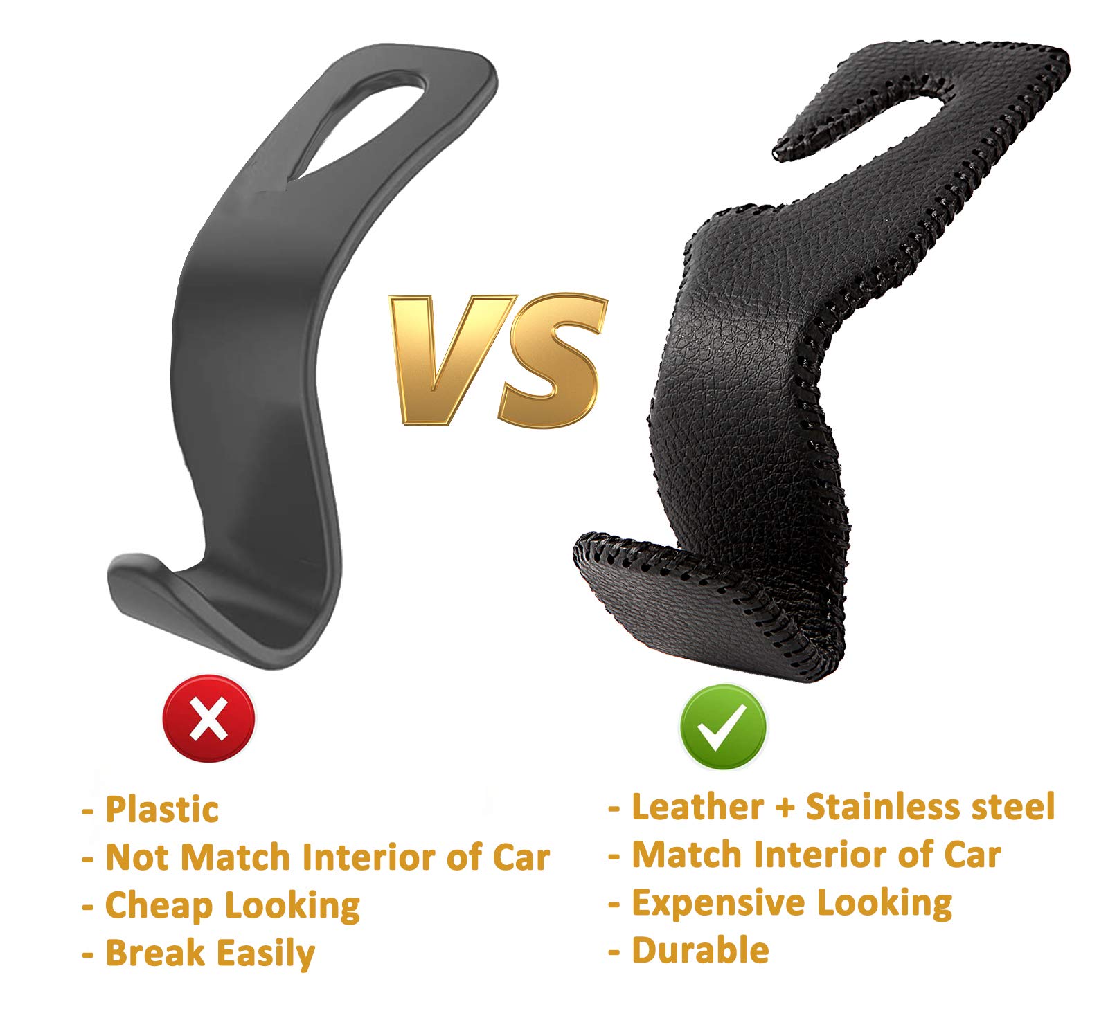AMVOYOA Headrest Hooks for Car, Back Seat Organizer Black Leather Hanger Holder Hook, for Hanging Purses and Bags and Coats, Pack of 2