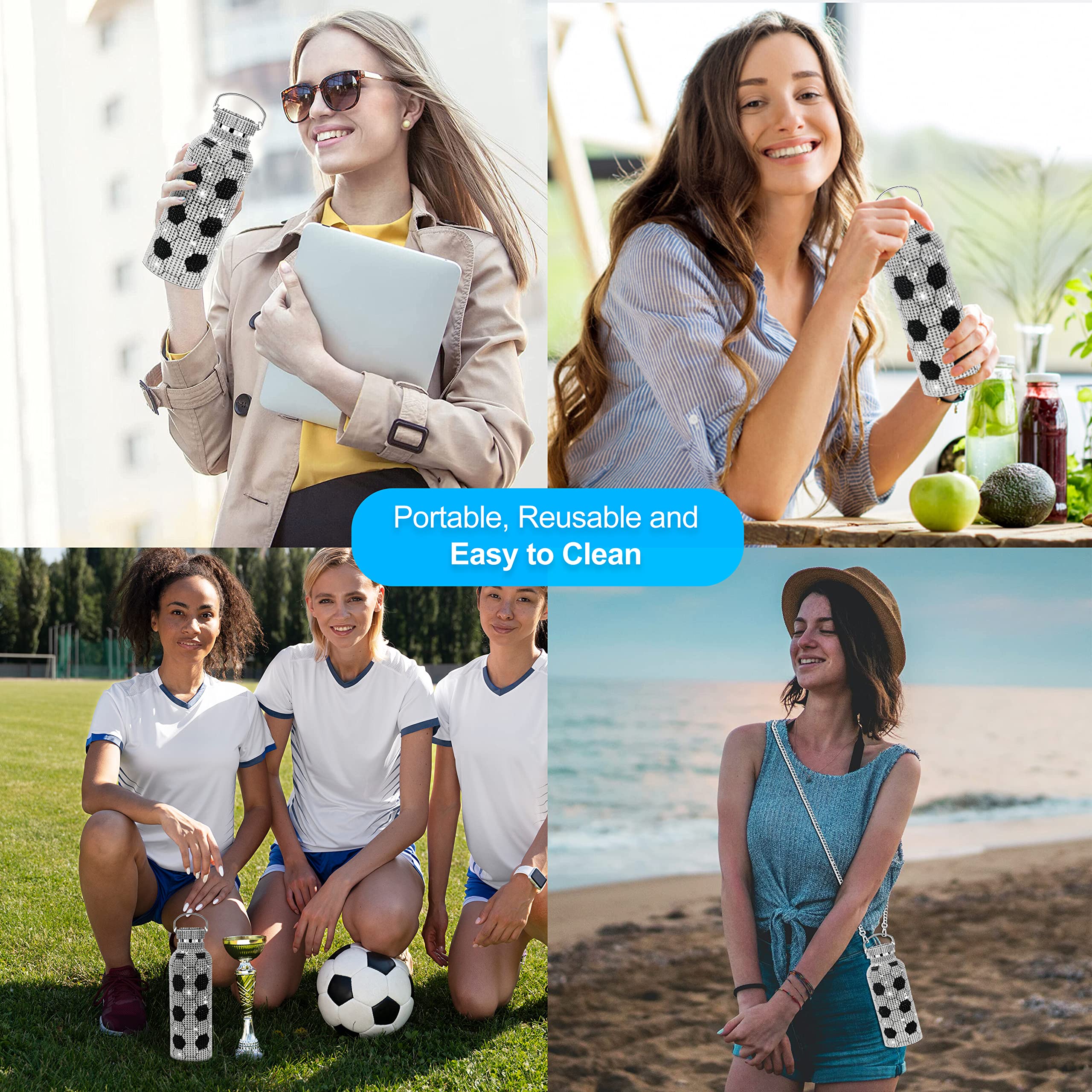 Liquid TuNes Soccer Bling Water Bottle Stainless Steel Thermal Bottle, Insulated Refillable Glitter Water Bottle with Chain, Great Gift Idea for Girls(500ml/16.9 oz)