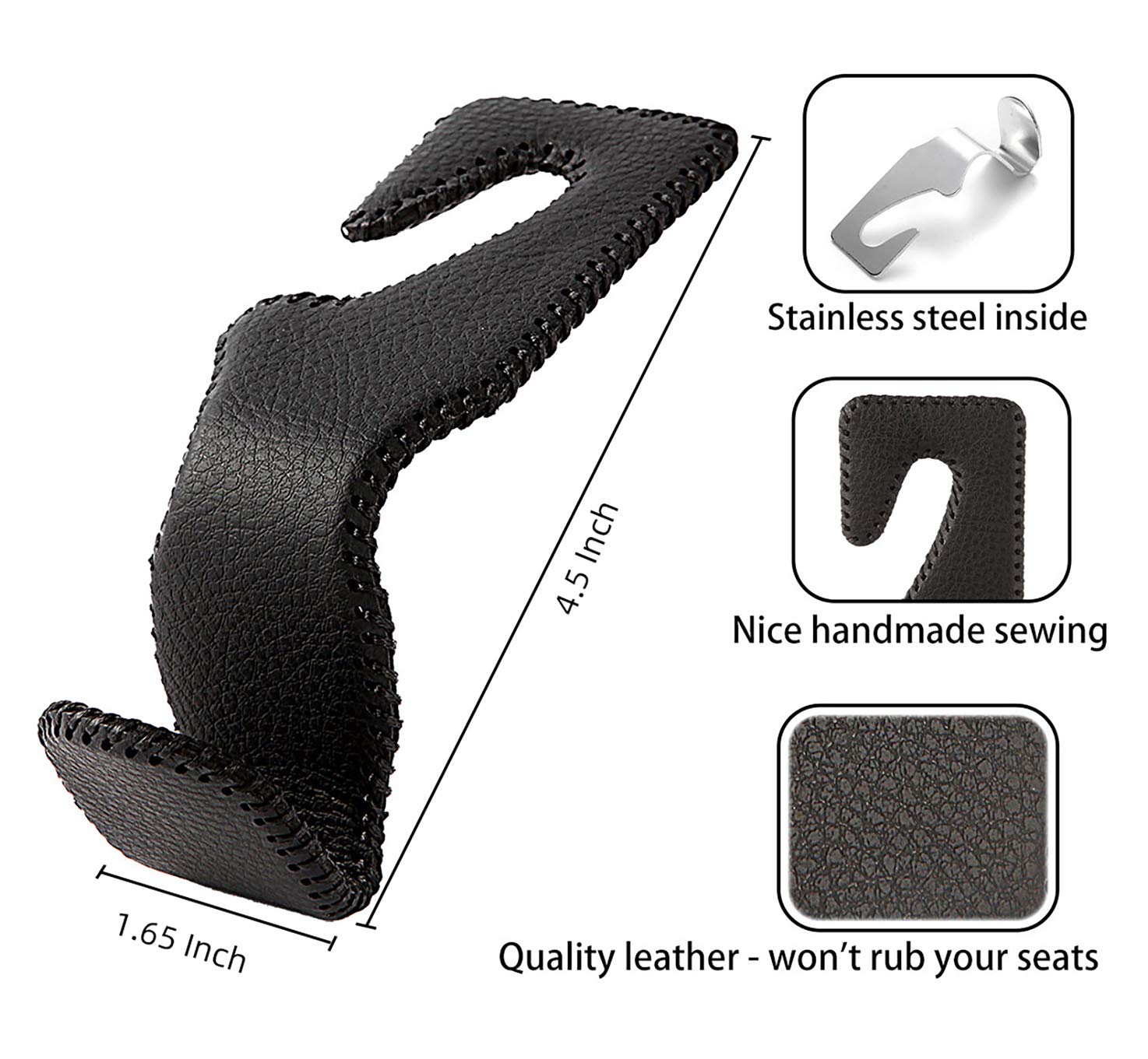 AMVOYOA Headrest Hooks for Car, Back Seat Organizer Black Leather Hanger Holder Hook, for Hanging Purses and Bags and Coats, Pack of 2