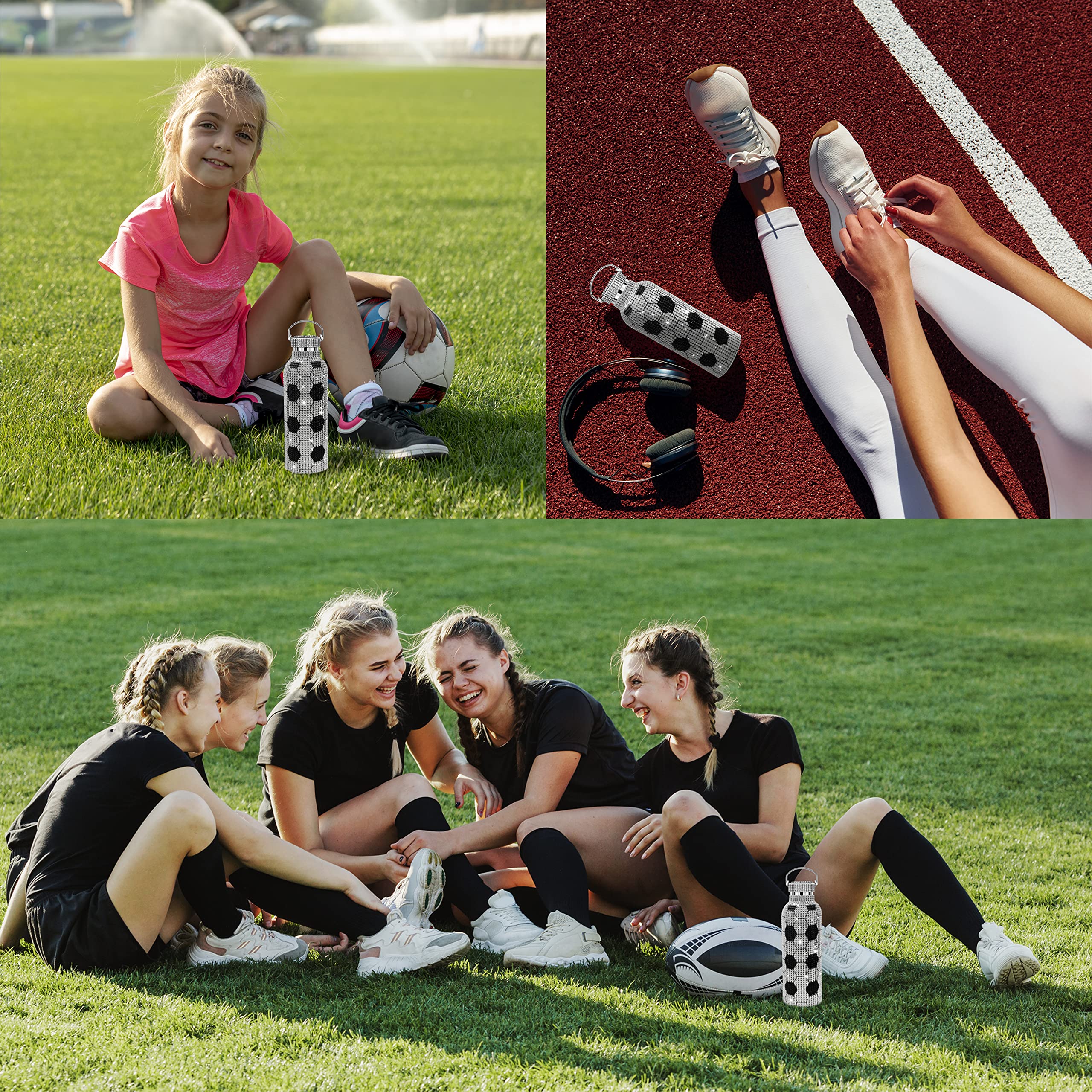 Liquid TuNes Soccer Bling Water Bottle Stainless Steel Thermal Bottle, Insulated Refillable Glitter Water Bottle with Chain, Great Gift Idea for Girls(500ml/16.9 oz)