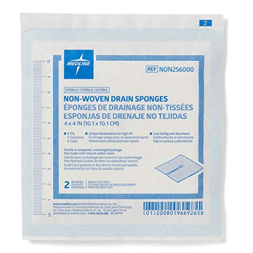 Medline Nonwoven Drain Sponges, Sterile, 6-Ply Gauze, 4" x 4", 2 Count (Pack of 300)