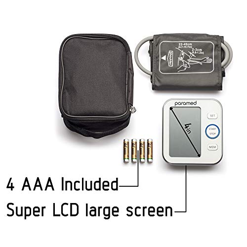 Paramed Blood Pressure Monitor - Bp Machine - Automatic Upper Arm Blood Pressure Cuff 8.7-15.7 inches - Large LCD Display 120 Sets Memory - Device Bag & Batteries Included