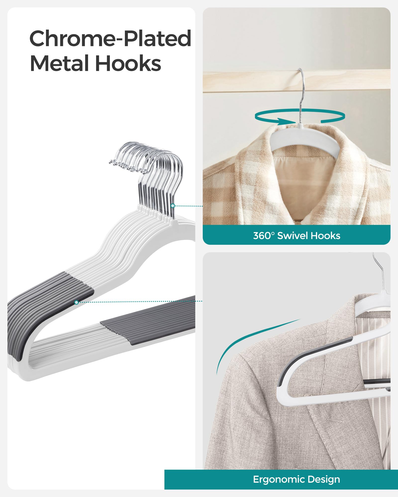 SONGMICS Clothes Hangers, Pack of 30 Plastic Coat Hangers, Space-Saving, Cloud White and Dark Gray UCRP050W03