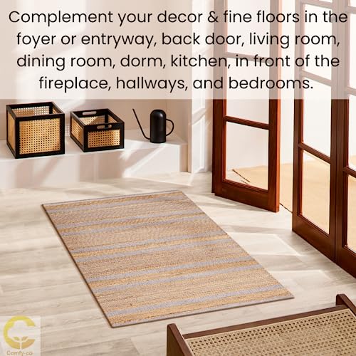 Comfy-co Area Rug 2x3 ft - Hand-Woven Jute Cotton Area Rug Boho Farmhouse Rustic - Non Slip Floor Rug for Bedroom Living Room Kitchen Dorm Entryway Hallway - Area Rug Natural/Grey