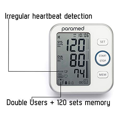 Paramed Blood Pressure Monitor - Bp Machine - Automatic Upper Arm Blood Pressure Cuff 8.7-15.7 inches - Large LCD Display 120 Sets Memory - Device Bag & Batteries Included