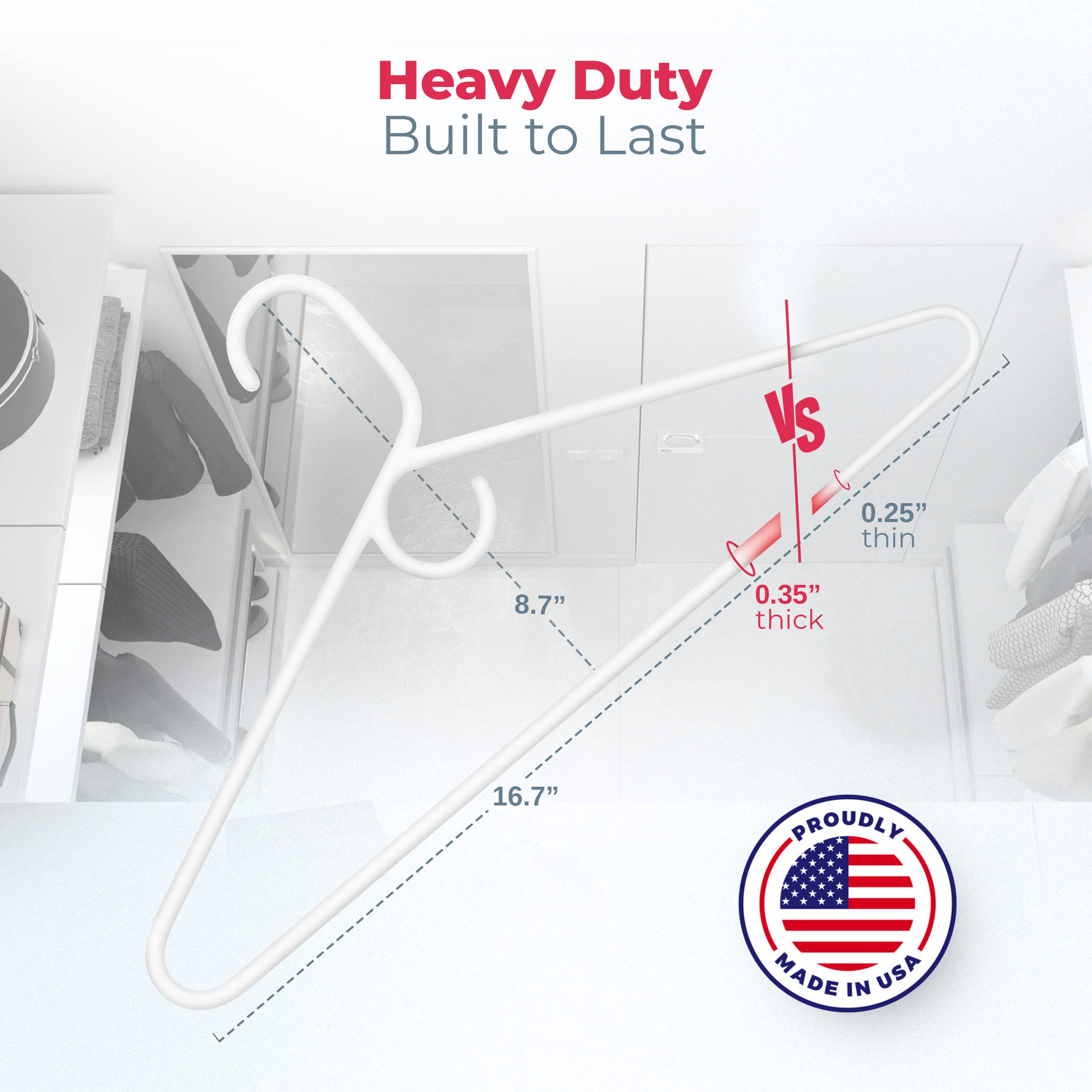 Made in USA Heavy Duty Plastic Clothes Hangers Bulk, 20 30 50 100 Pack Available, Strong Plastic Hangers, Jacket Coat Hangers, Thick Plastic Hanger for Closet and Clothing Hangars (06pk White)