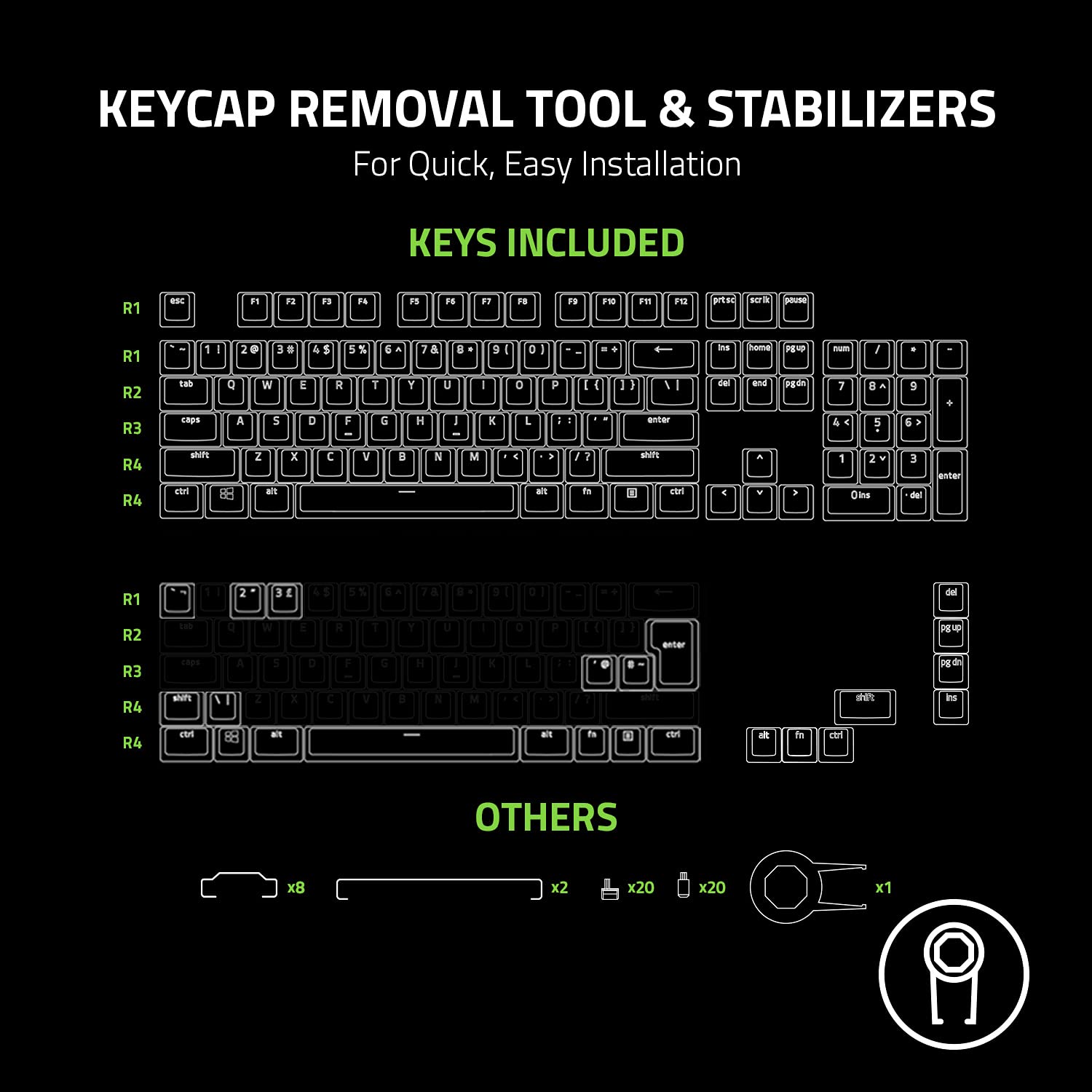 Razer Phantom Keycap Upgrade Set: Unique Stealth Design - Translucent Sides - Bottom-Lasered Legends - Keycap Removal Tools & Stablizers - Universal Compatiability - White