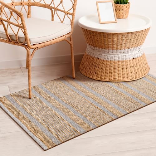 Comfy-co Area Rug 2x3 ft - Hand-Woven Jute Cotton Area Rug Boho Farmhouse Rustic - Non Slip Floor Rug for Bedroom Living Room Kitchen Dorm Entryway Hallway - Area Rug Natural/Grey