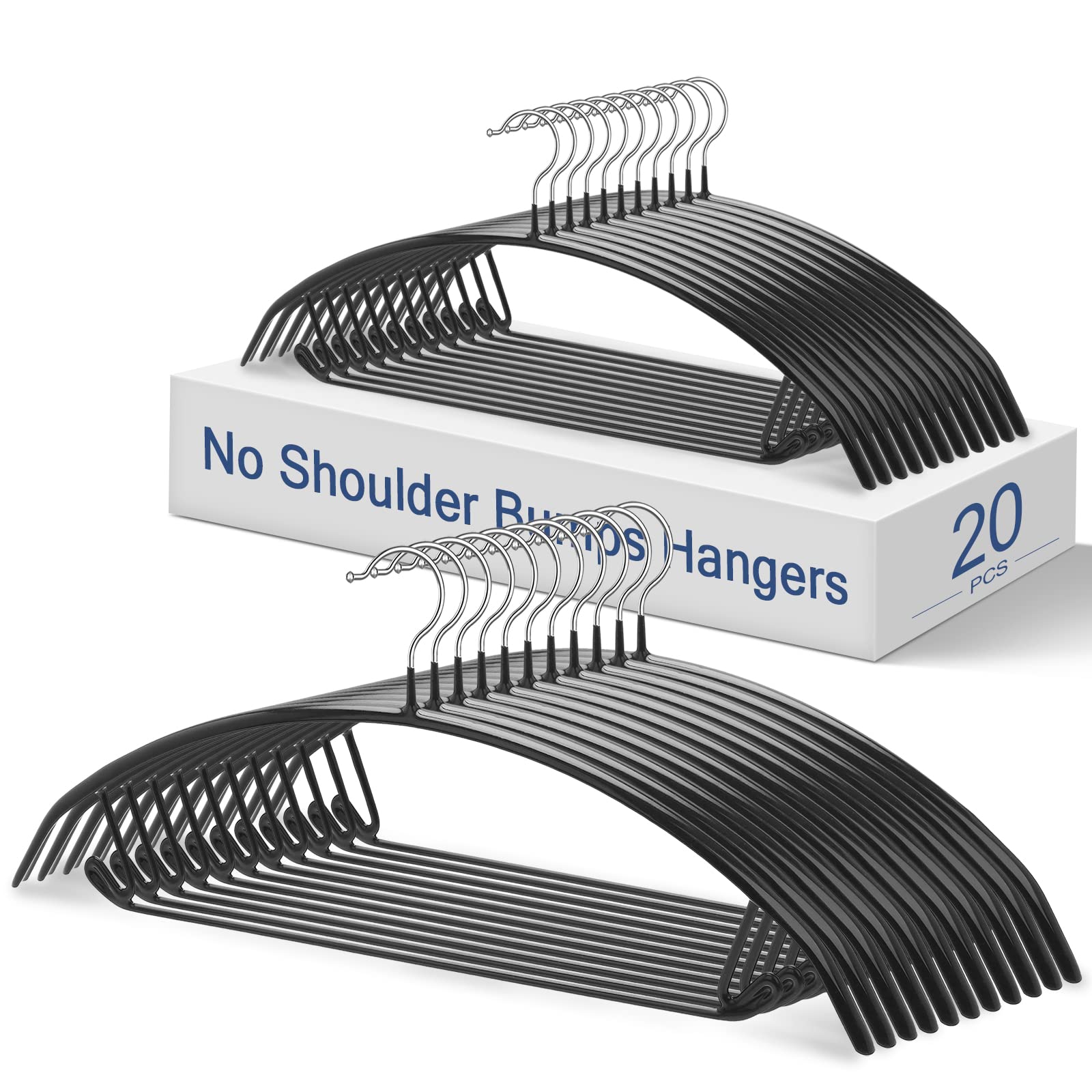 FSUTEG No Bump Rubber Coated Hangers 20 Pack - Heavy Duty Contour Metal Clothes Hangers, 15-18lb Weight Capacity, Non-Slip & Space Saving for Wardrobe, Closet, Dorm (16.5 Inch, Black)